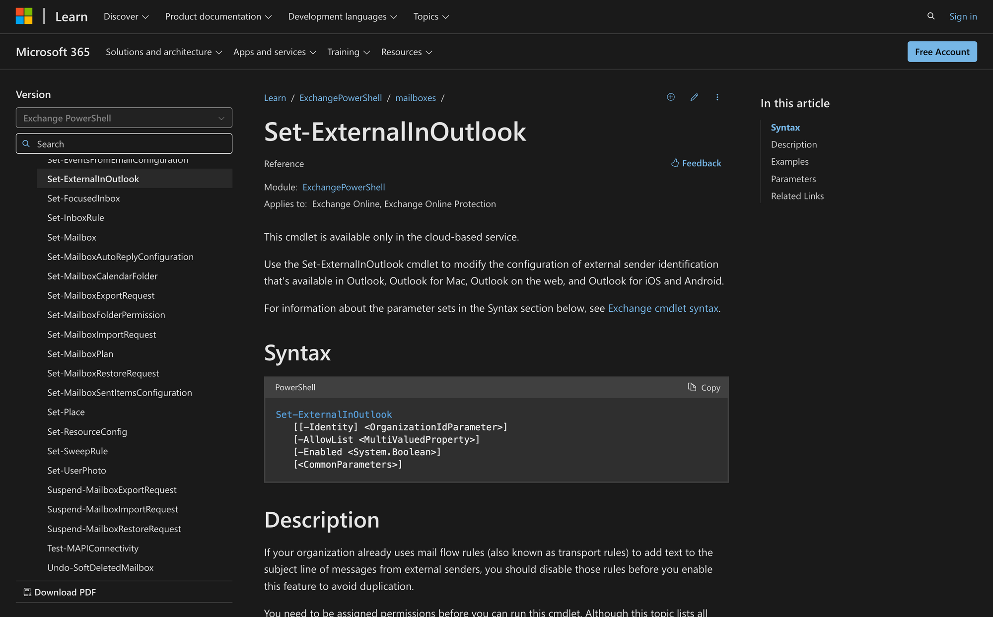 How to use Set-ExternalInOutlook in Powershell