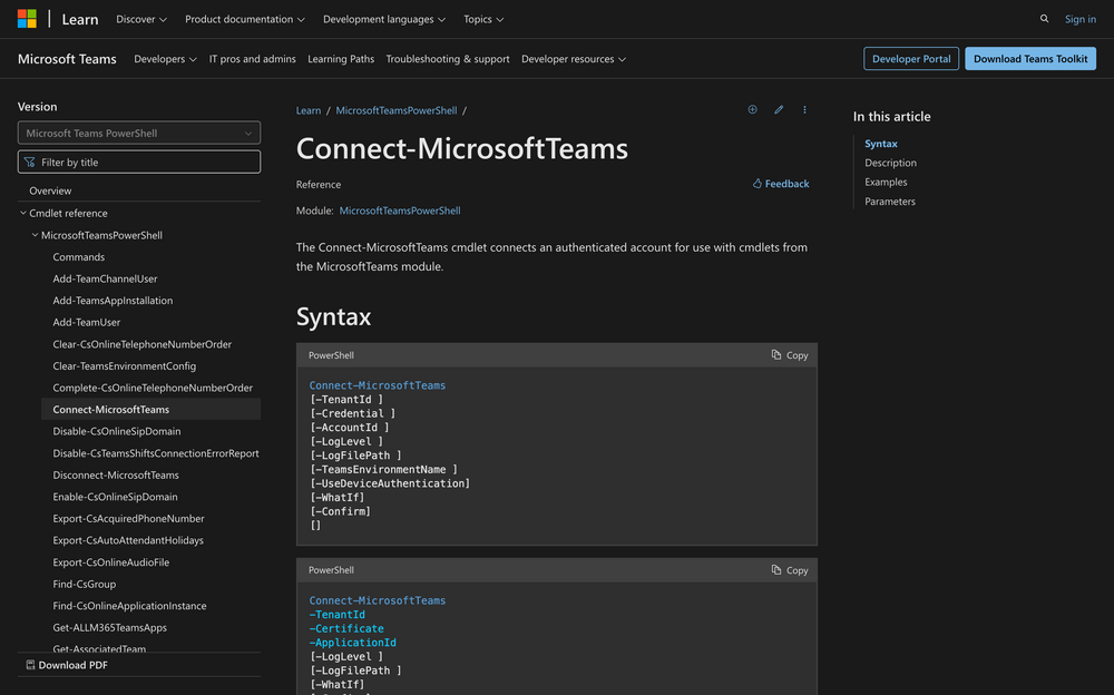 Using Connect-MicrosoftTeams in Powershell Using Connect-MicrosoftTeams in Powershell