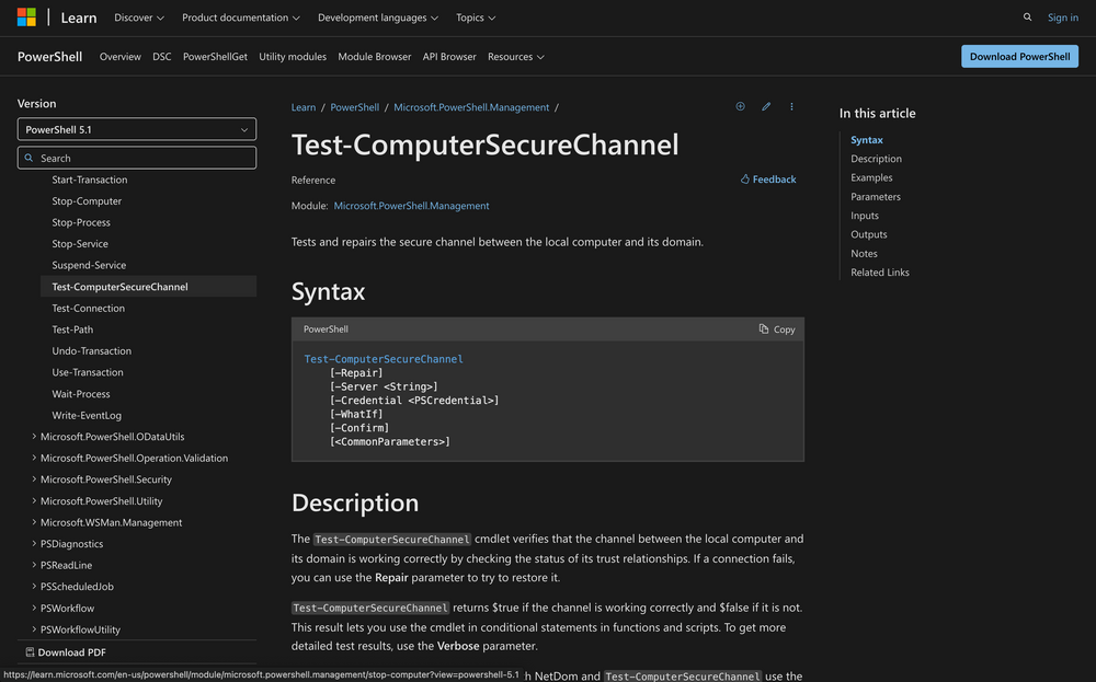 How to Use Test-ComputerSecureChannel in Powershell